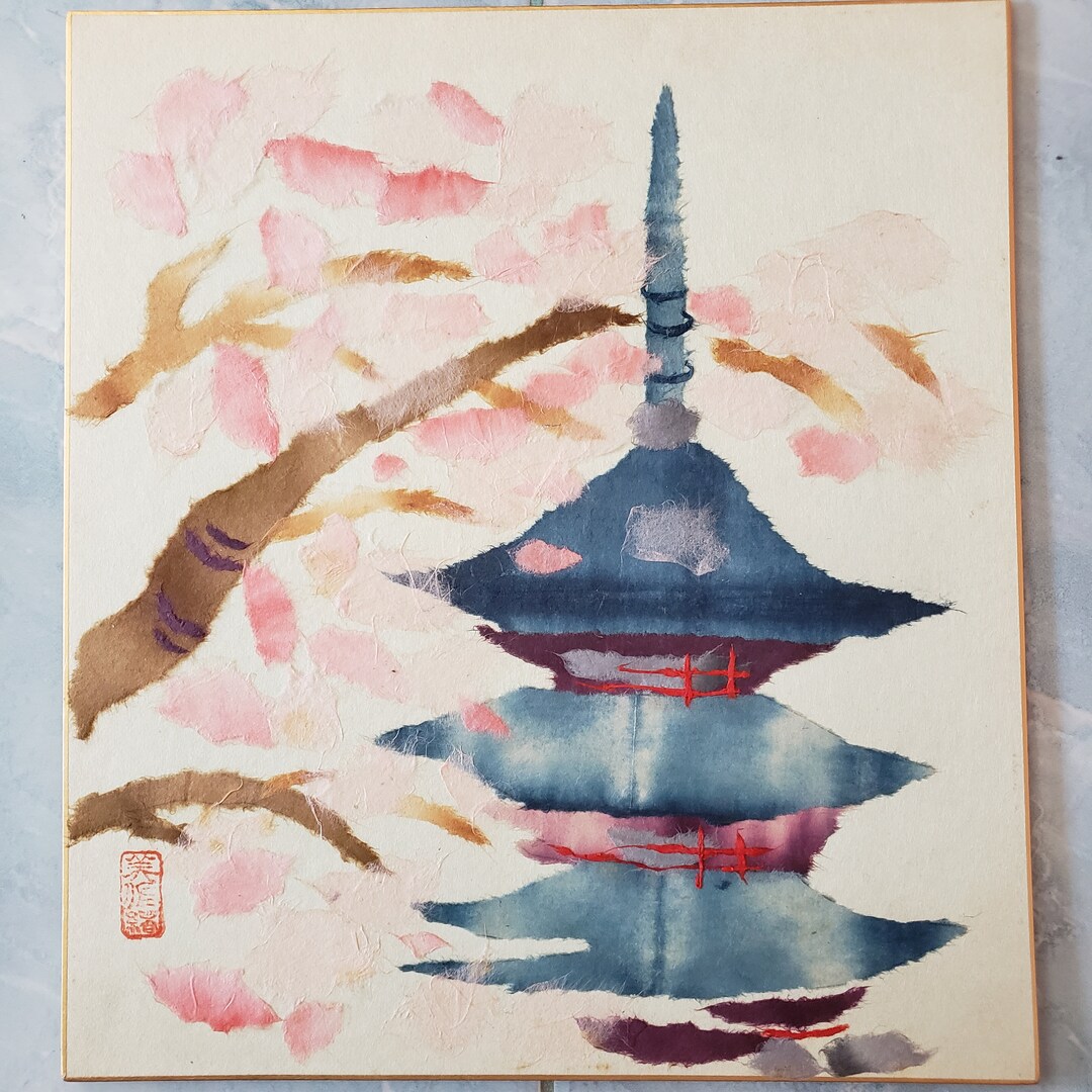 Vintage Japanese Oshie Washi Paper Quilting Sakura Tree & Temple Palace Paper Craft Fabric ...