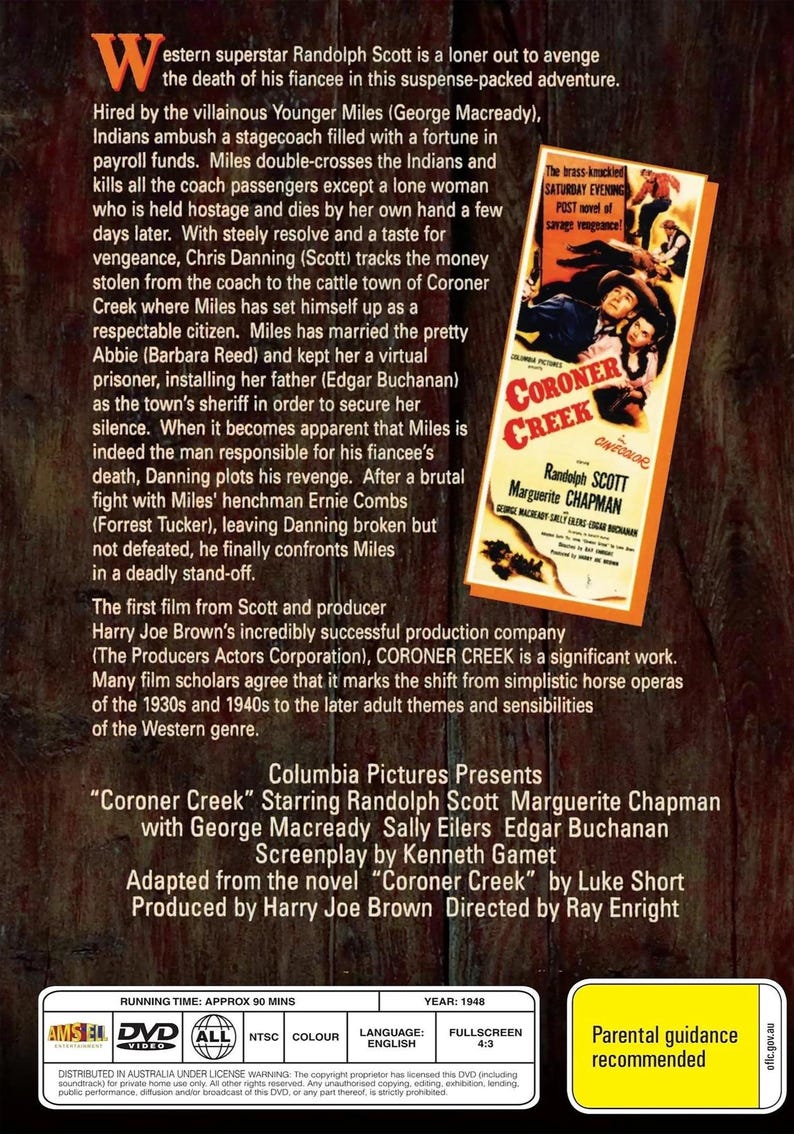Coroner Creek (1948) DVD - Randolph Scott, Marguerite Chapman (region ...