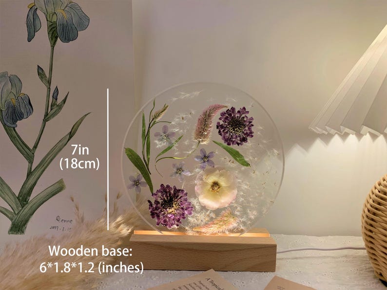 Handmade Pressed Flower Night Light, Wooden Base Floral Lamp, Nature ...