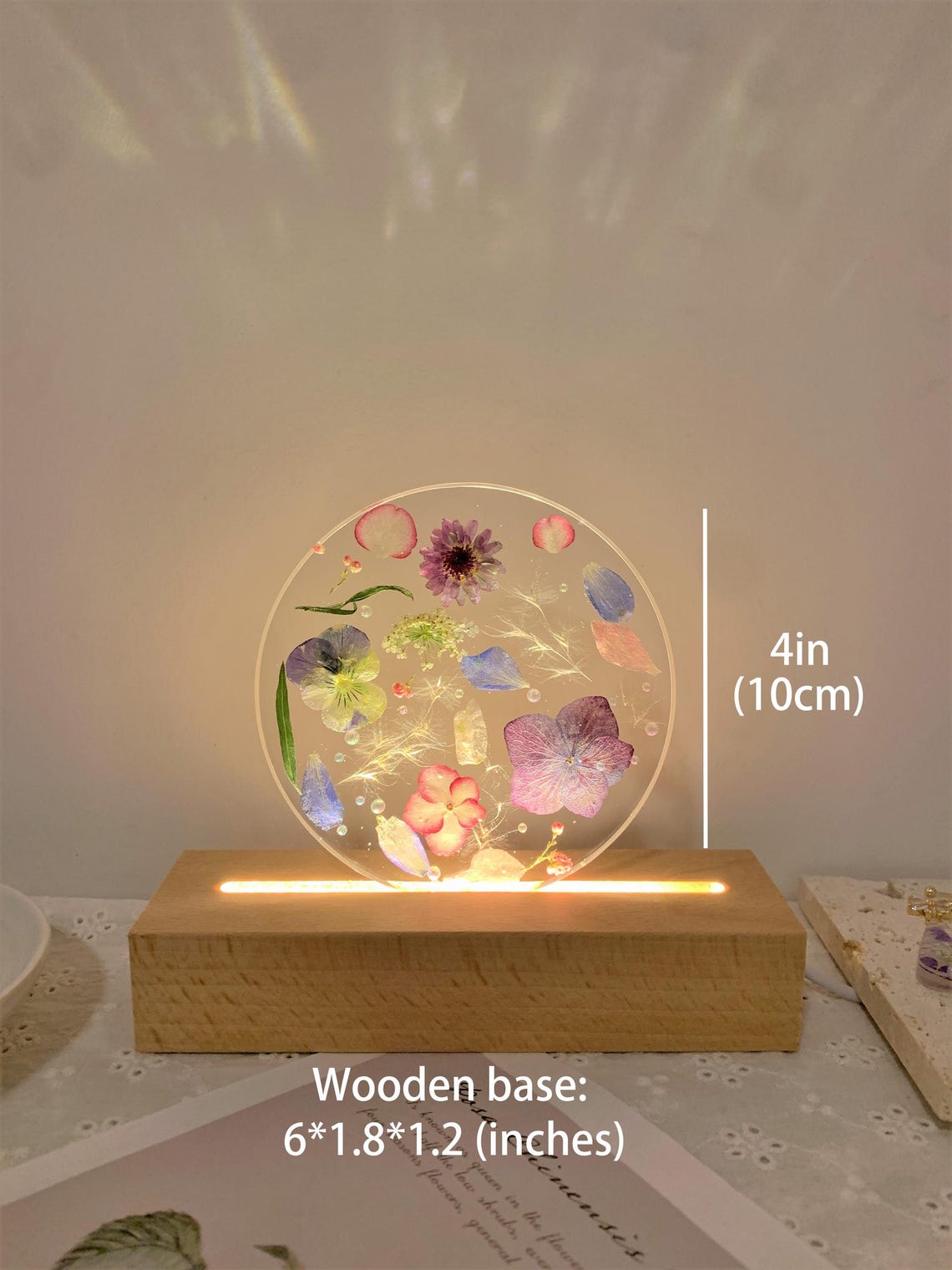 Handmade Pressed Flower Night Light,floral Night Lamp,lamp With Wooden ...