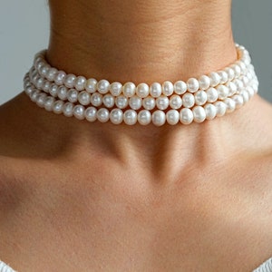 Real Freshwater Pearl Choker Necklace, 3 Layered Pearl Choker, Bridal Choker, Wedding Necklace ...