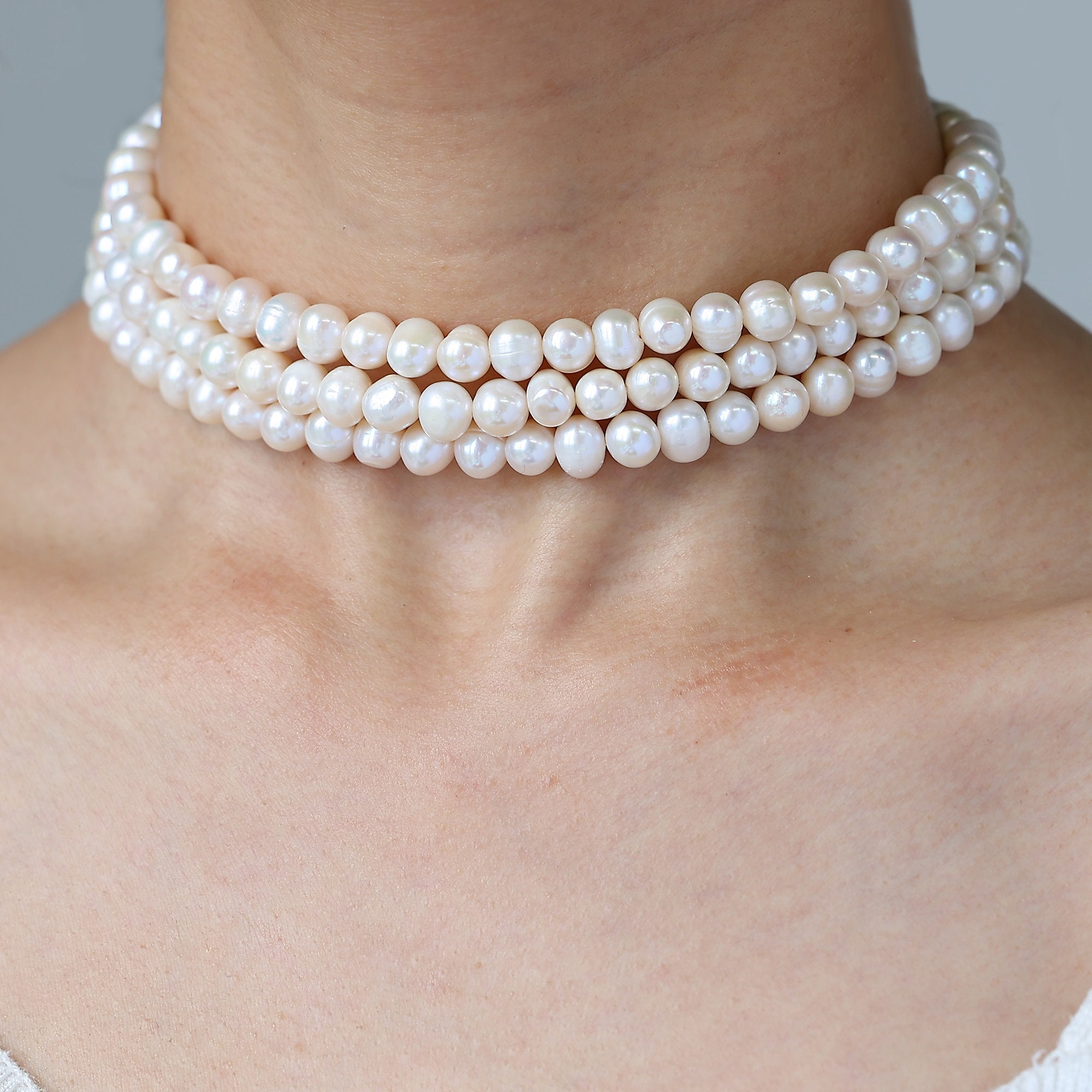 3 Layered Pearl Choker, Real Freshwater Pearl Choker Necklace, Bridal ...