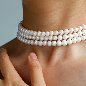 Real Freshwater Pearl Choker Necklace, 3 Layered Pearl Choker, Bridal Choker, Wedding Necklace ...