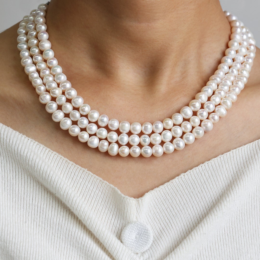 Vintage Pearl Necklace, Real Freshwater Pearl Choker Necklace, 3 Layered Pearl Choker, Bridal ...