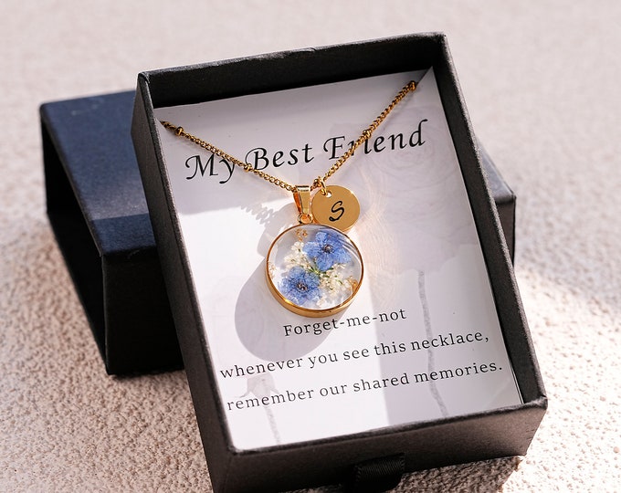 Handmade Pressed Forget Me Not Heart Necklace Stainless Steel Floral ...