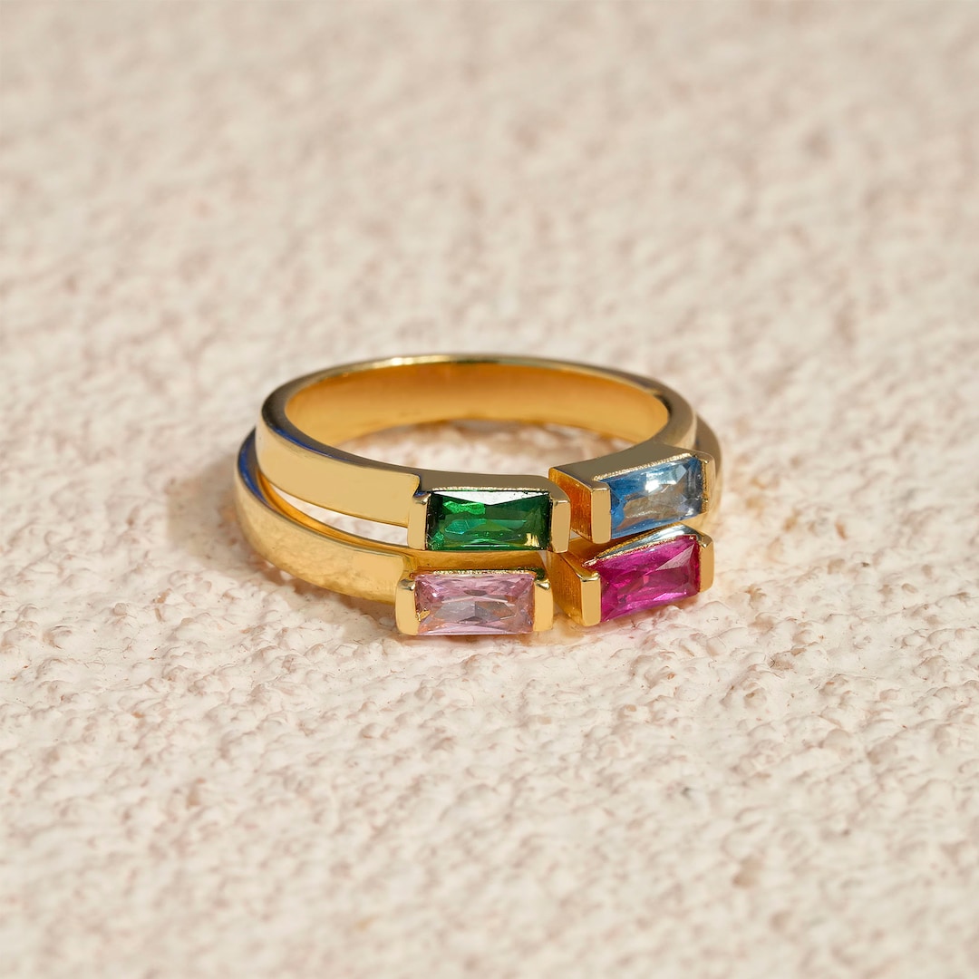 Personalized Birthstone Ring, Family Double Birthstone Rings, Birthday ...