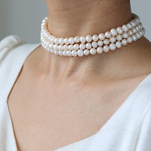 3 Layered Pearl Choker, Real Freshwater Pearl Choker Necklace, Bridal Choker, Wedding Necklace ...
