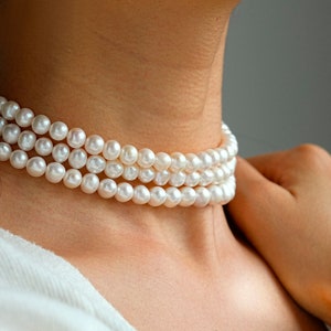 Real Freshwater Pearl Choker Necklace, 3 Layered Pearl Choker, Bridal Choker, Wedding Necklace ...