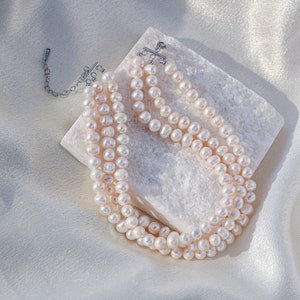 3 Layered Pearl Choker, Real Freshwater Pearl Choker Necklace, Bridal Choker, Wedding Necklace ...