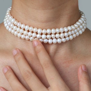 3 Layered Pearl Choker, Real Freshwater Pearl Choker Necklace, Bridal Choker, Wedding Necklace ...
