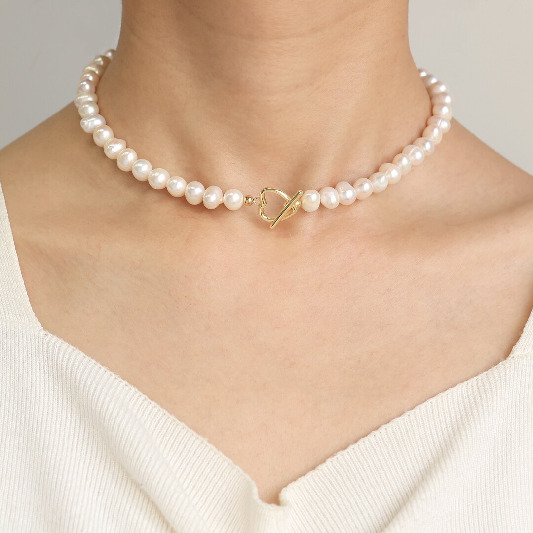 Heart Clasp Freshwater Pearl Choker Necklace, Beaded Necklace, Choker ...