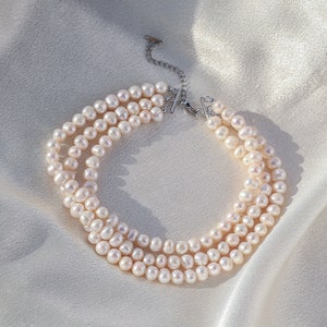 3 Layered Pearl Choker, Real Freshwater Pearl Choker Necklace, Bridal Choker, Wedding Necklace ...