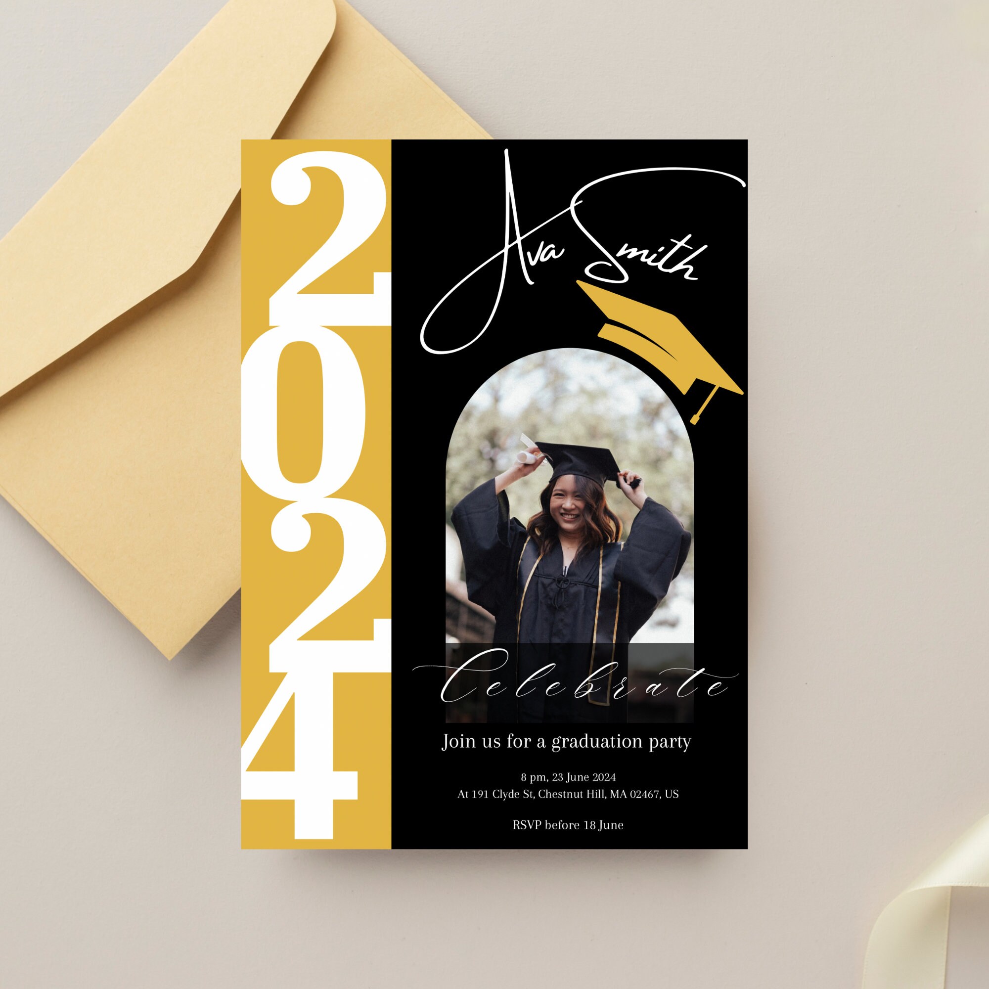 Digital Modern Black and Gold Graduation Invitation Class of 2024 ...
