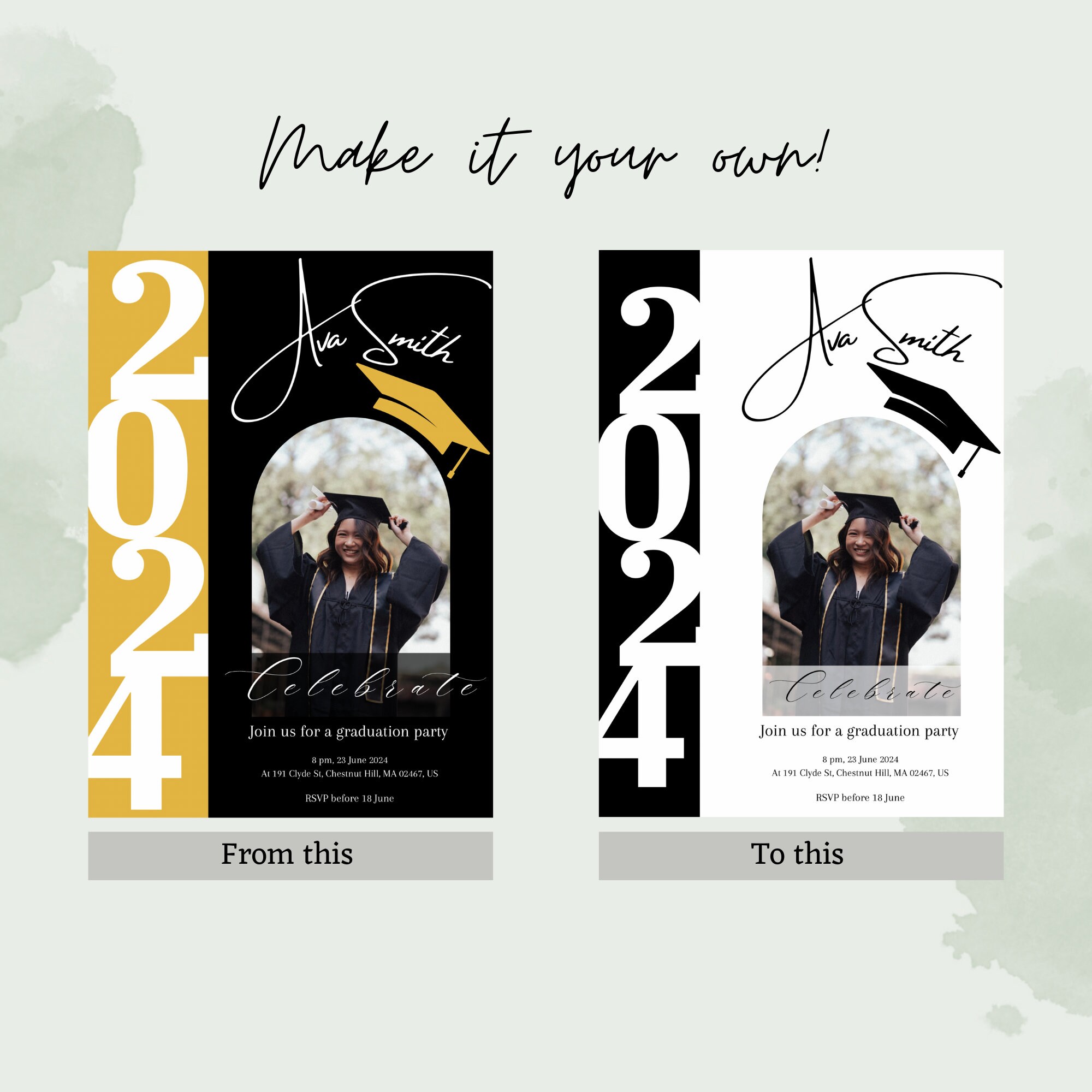 Digital Modern Black and Gold Graduation Invitation Class of 2024 ...