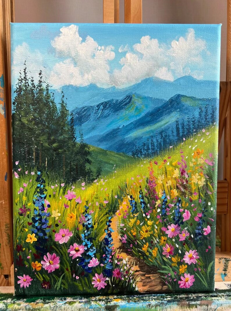 Hand-painted White Cloud Valley Flowers Acrylic Painting, Landscape ...