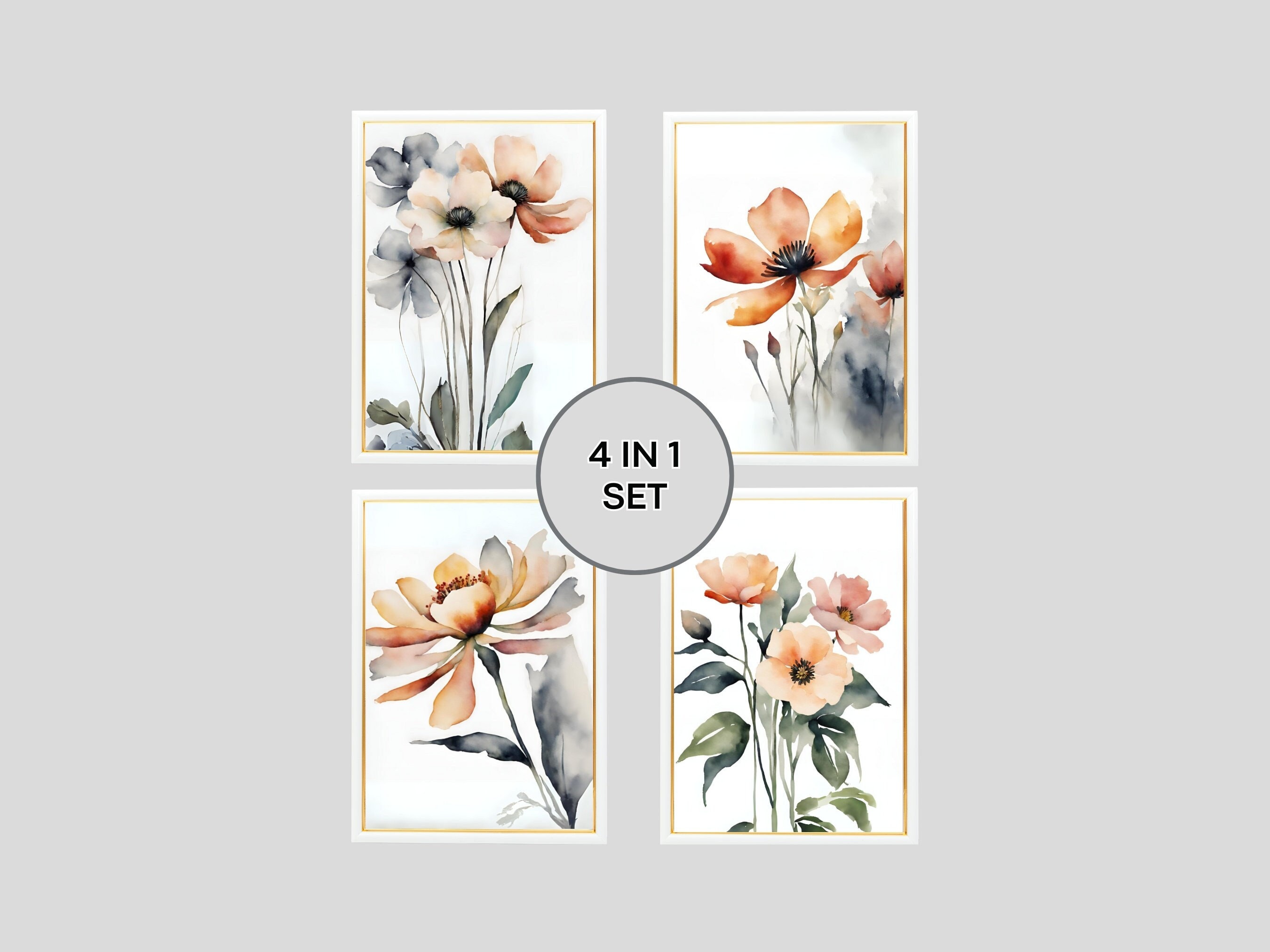 4 in 1 Watercolor Floral Art Set Flower Digital Print Bundle Modern ...
