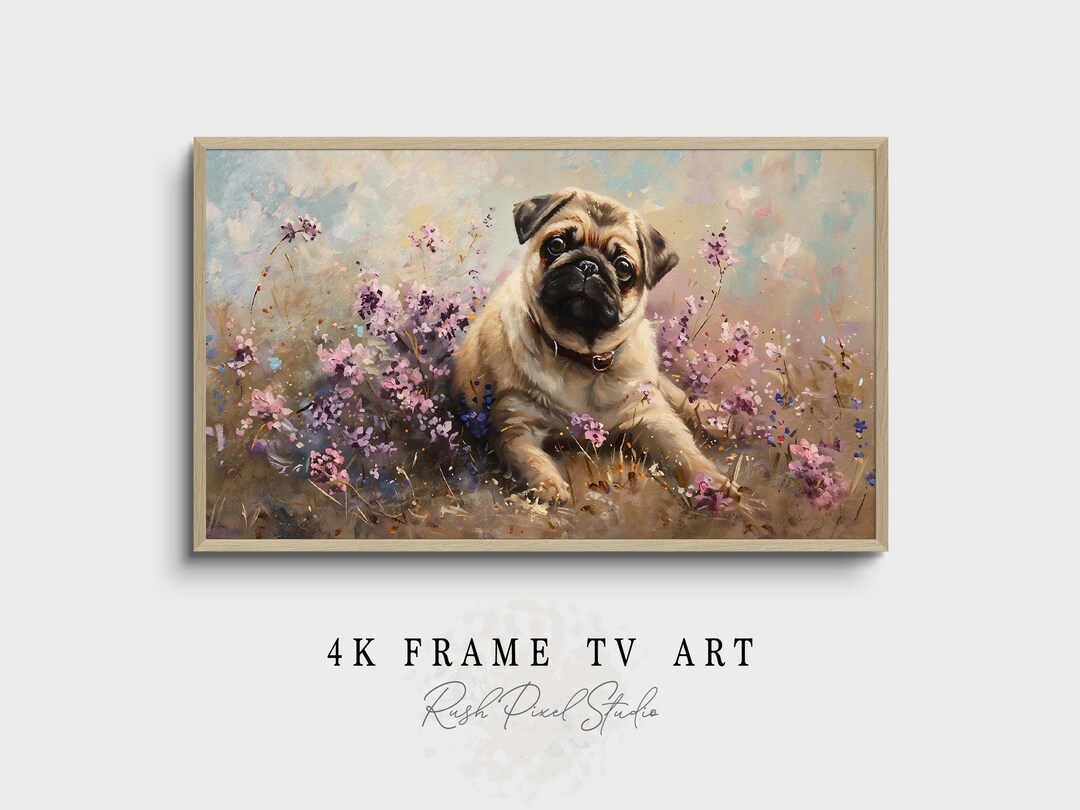Vintage Pug Digital Download, Floral Meadow Lilac Flowers, Pug Home ...