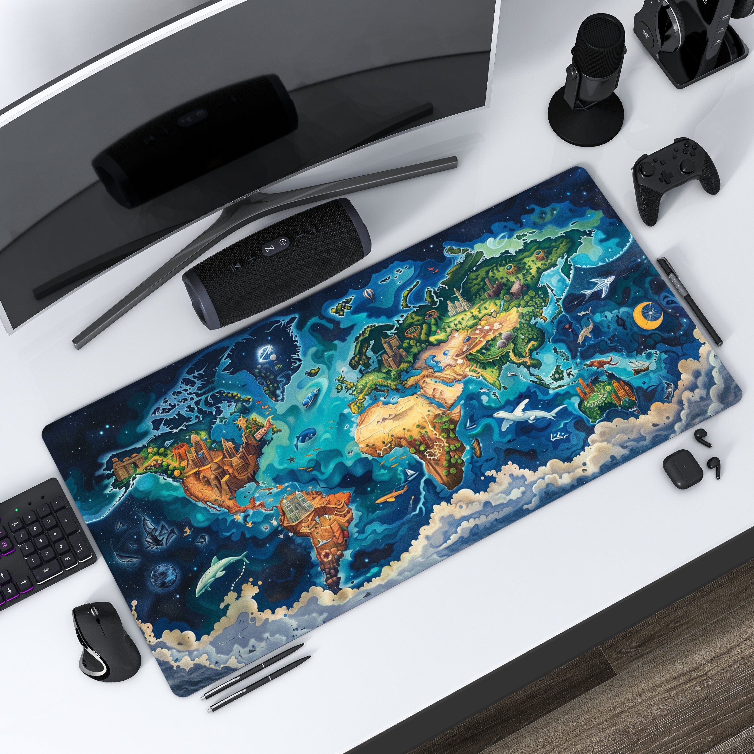 Mythical World Map Desk Mat, Gaming Mouse Pad, Large Mousepad, Globe ...