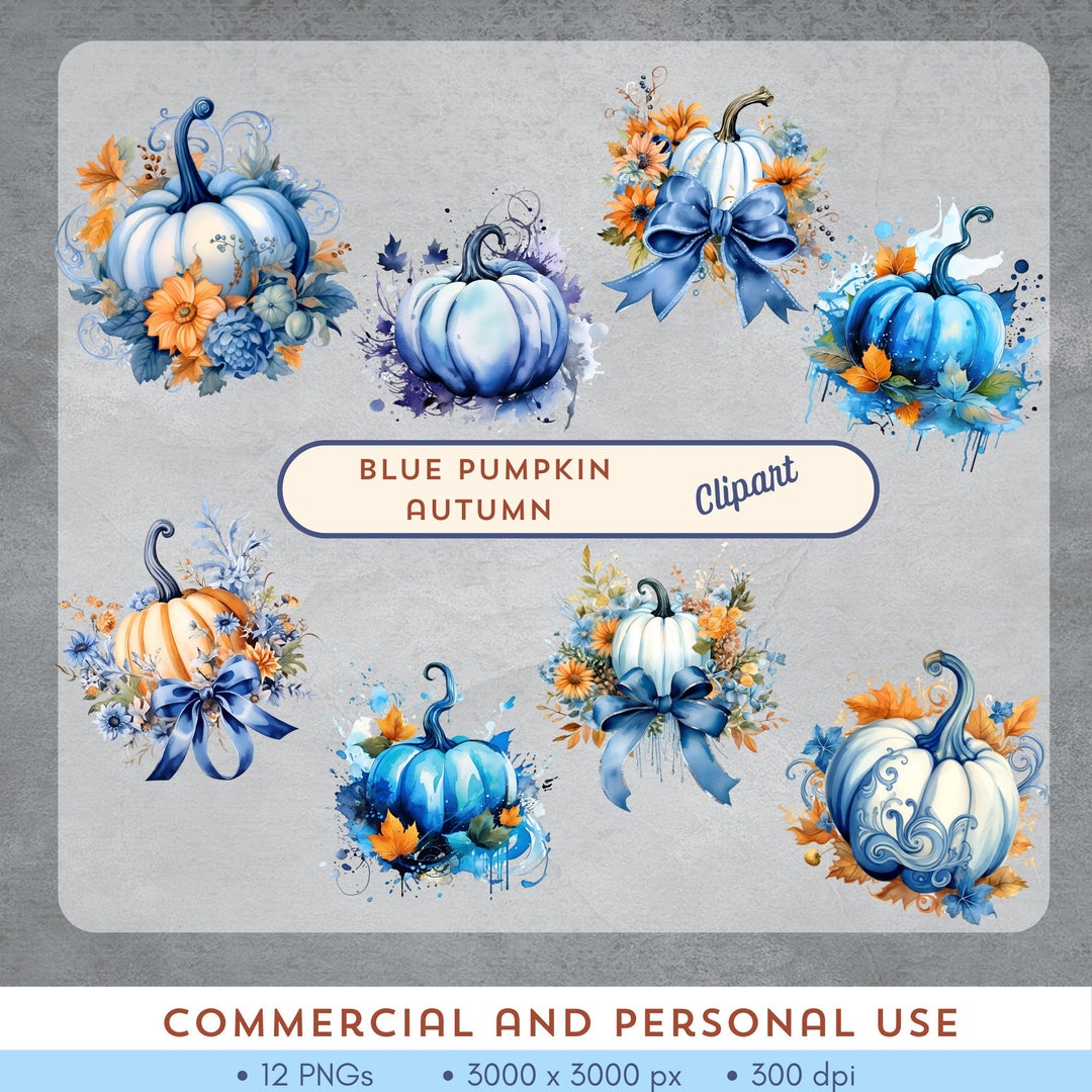 Blue Pumpkin Clipart Pack - 12 PNG Images for Halloween - Autumn ...