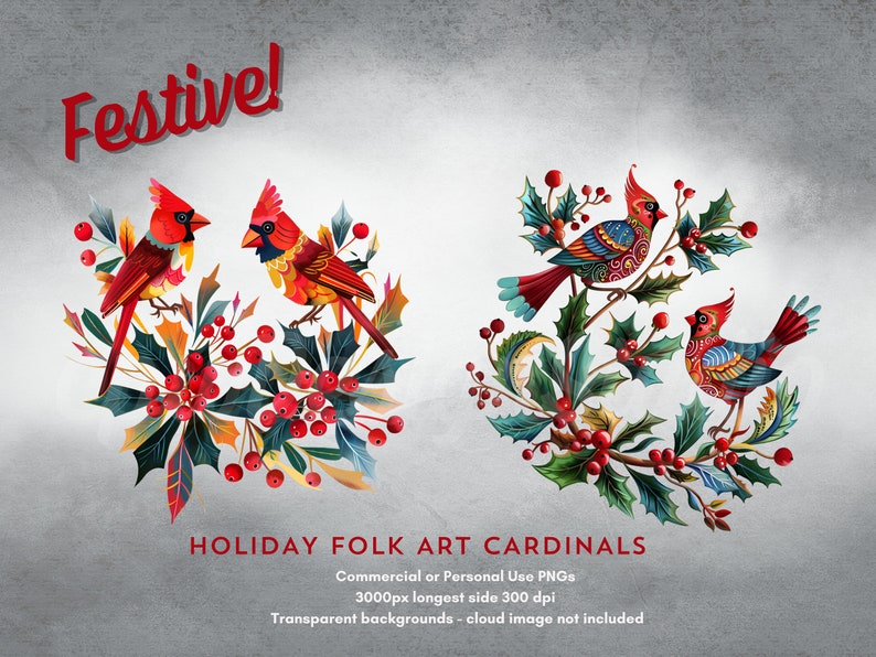 Red Cardinals Clipart Pack - 16 Folk Art Pngs for Winter & Holiday ...