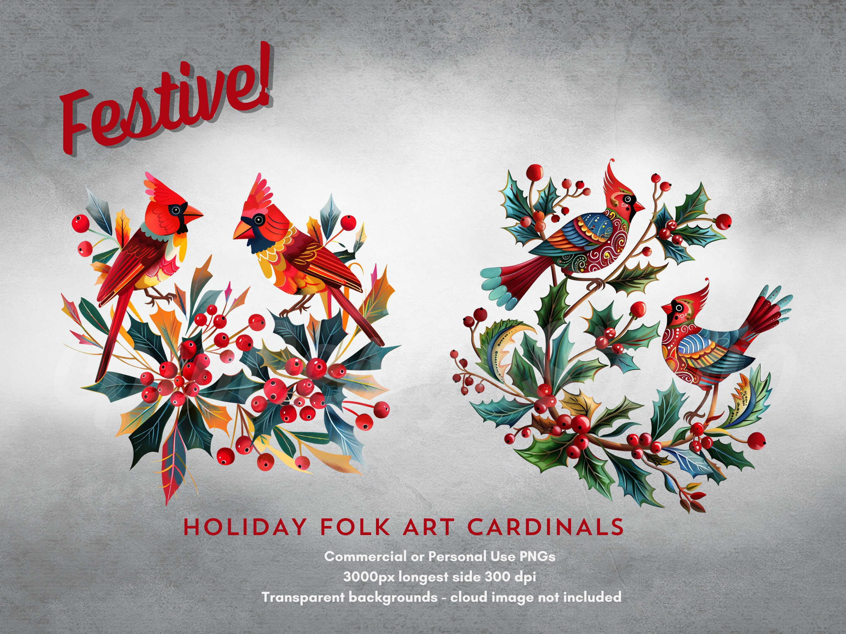 Red Cardinals Clipart Pack - 16 Folk Art Pngs for Winter & Holiday ...