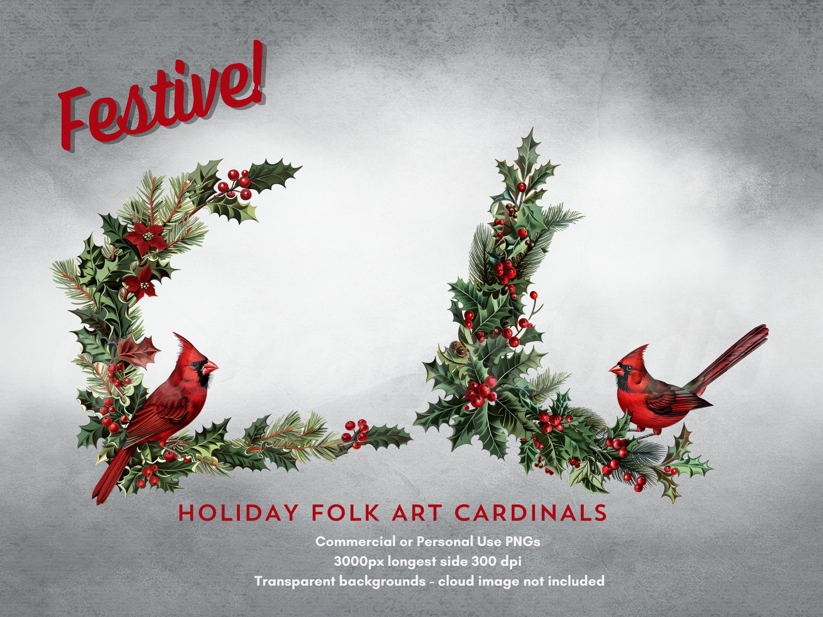 Red Cardinals Clipart Pack - 16 Folk Art Pngs for Winter & Holiday ...