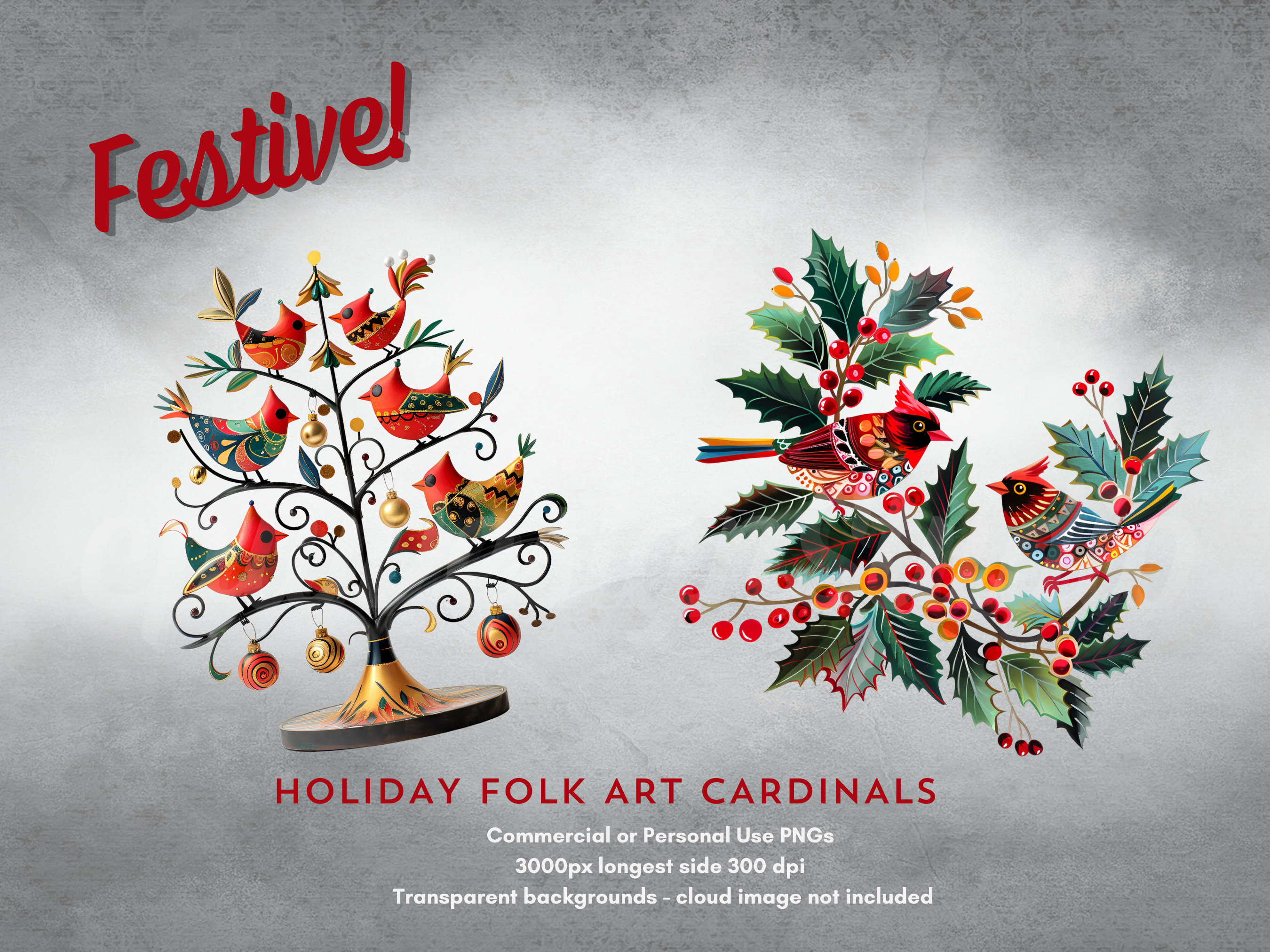 Red Cardinals Clipart Pack - 16 Folk Art Pngs for Winter & Holiday ...