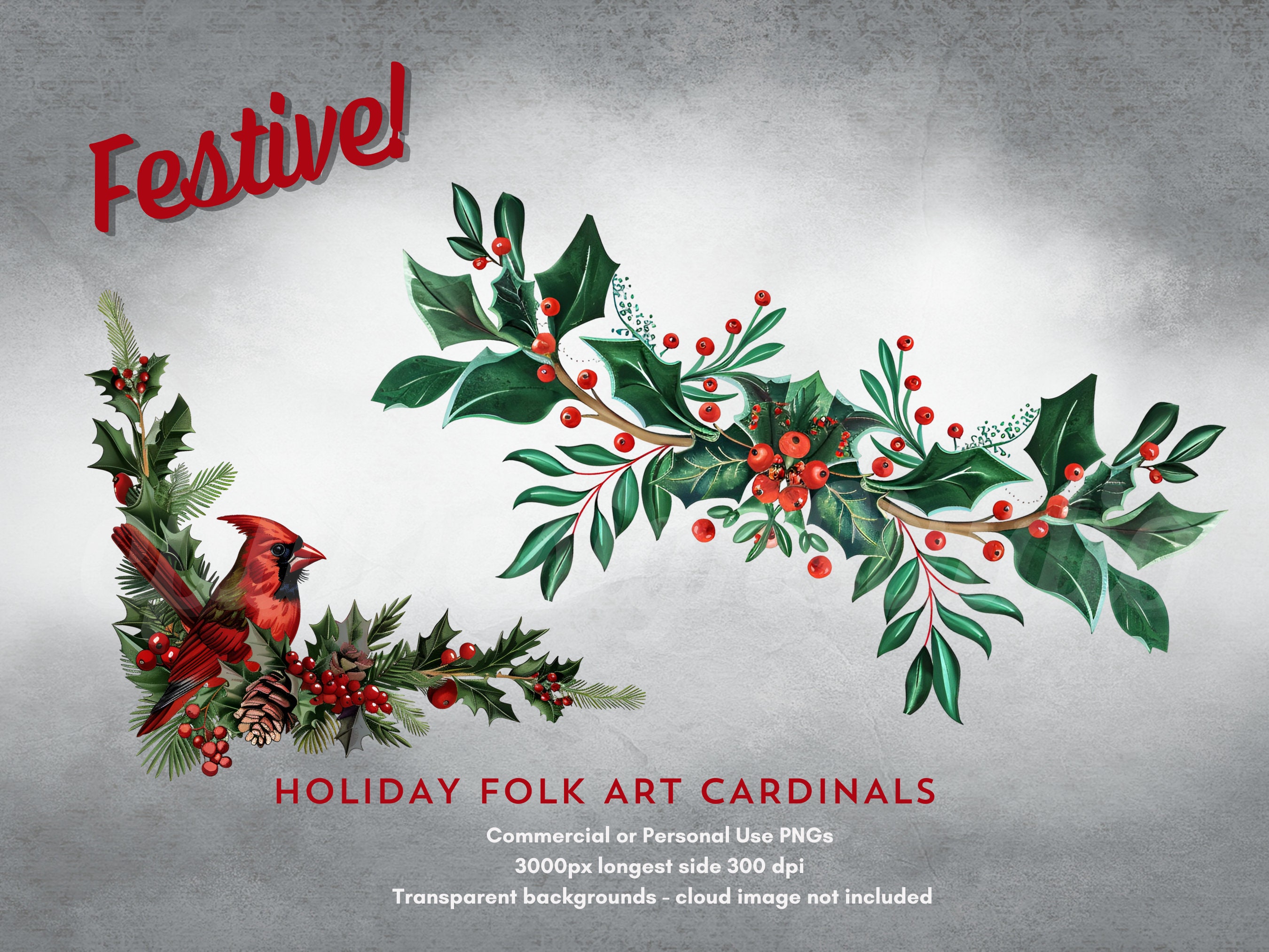 Red Cardinals Clipart Pack - 16 Folk Art Pngs for Winter & Holiday ...