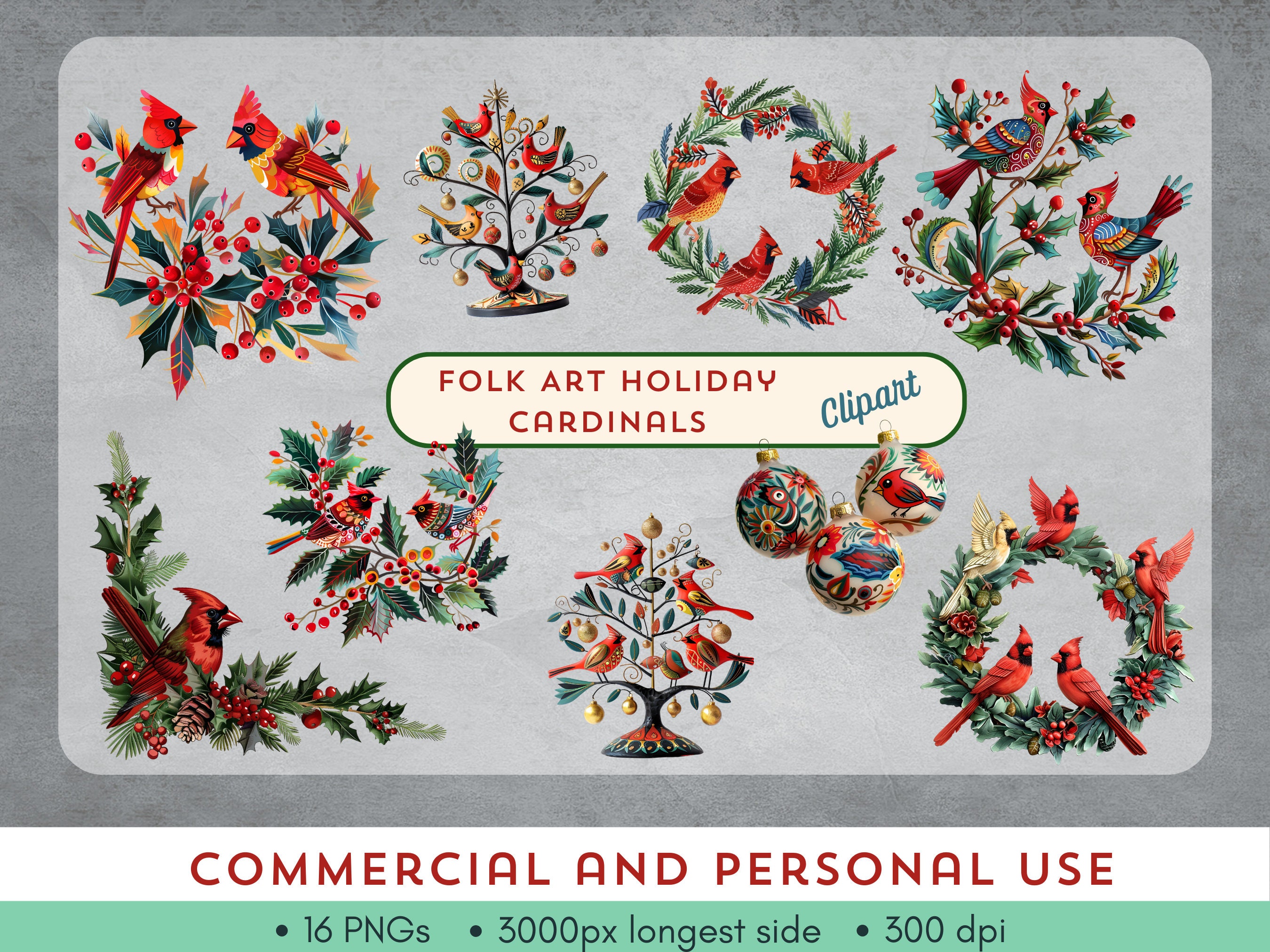 Red Cardinals Clipart Pack - 16 Folk Art Pngs for Winter & Holiday ...