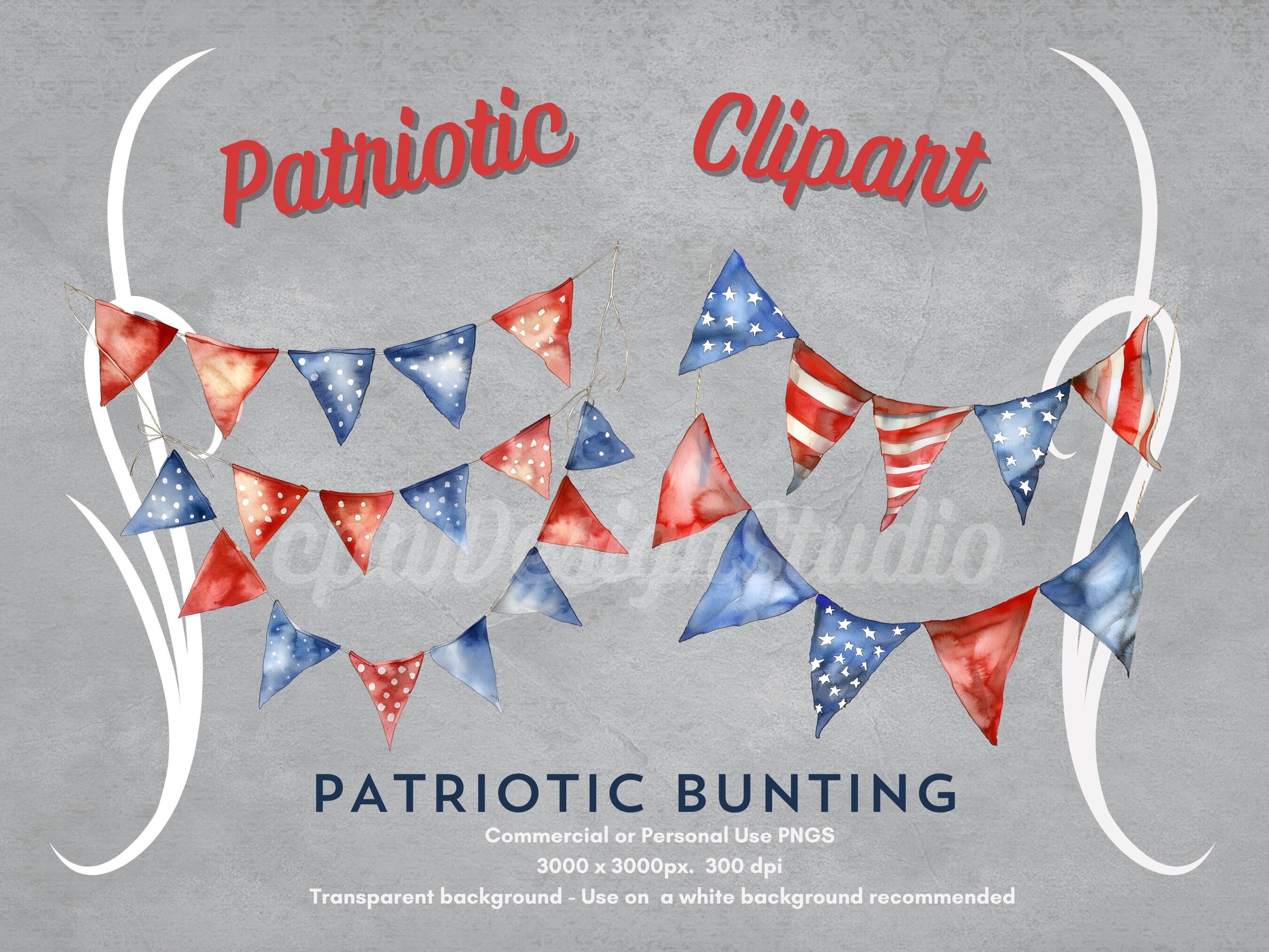 Vintage Patriotic Bunting Clipart Pack - 9 Watercolor Pngs for 4th of ...
