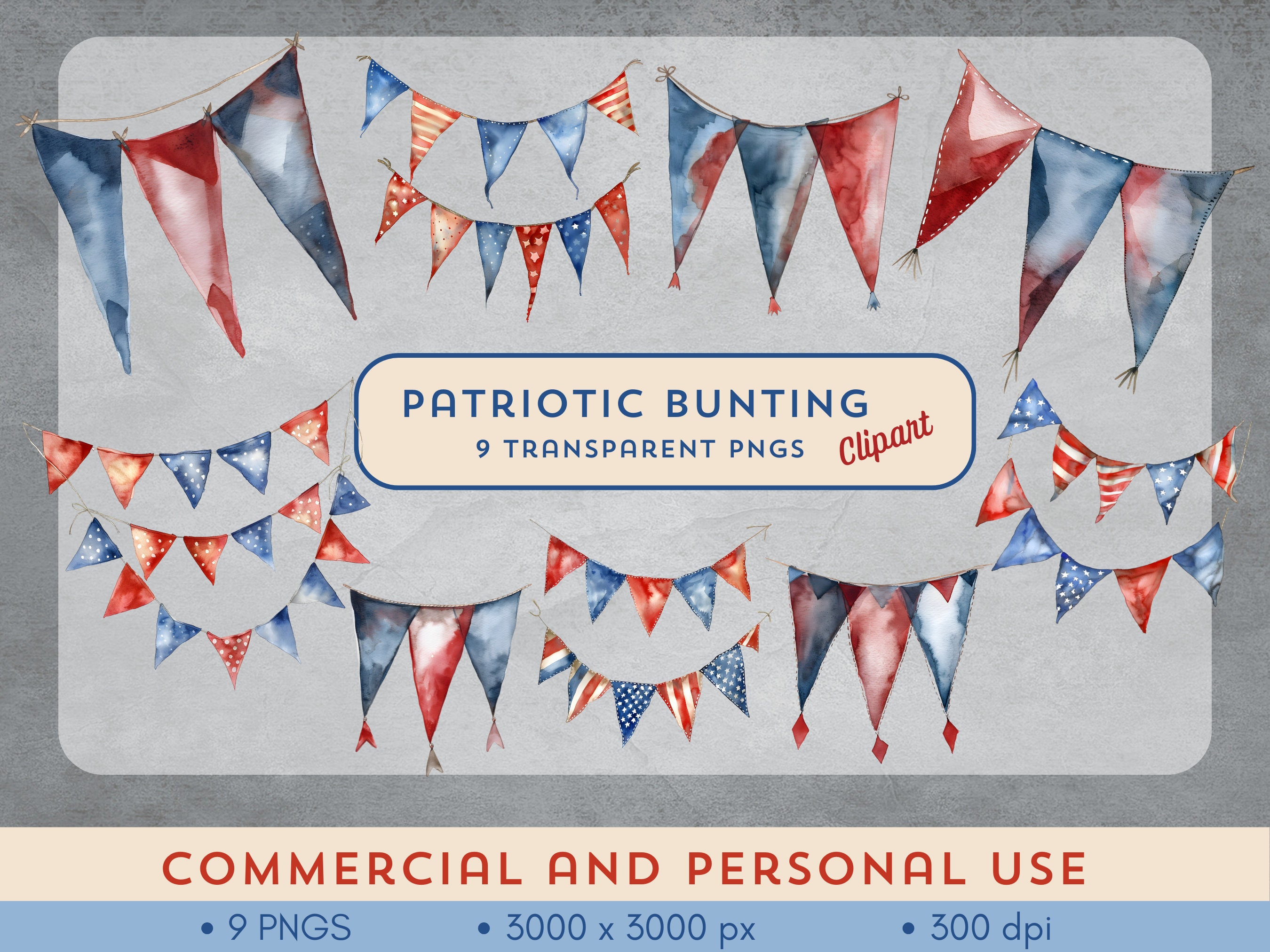 Vintage Patriotic Bunting Clipart Pack - 9 Watercolor Pngs for 4th of ...