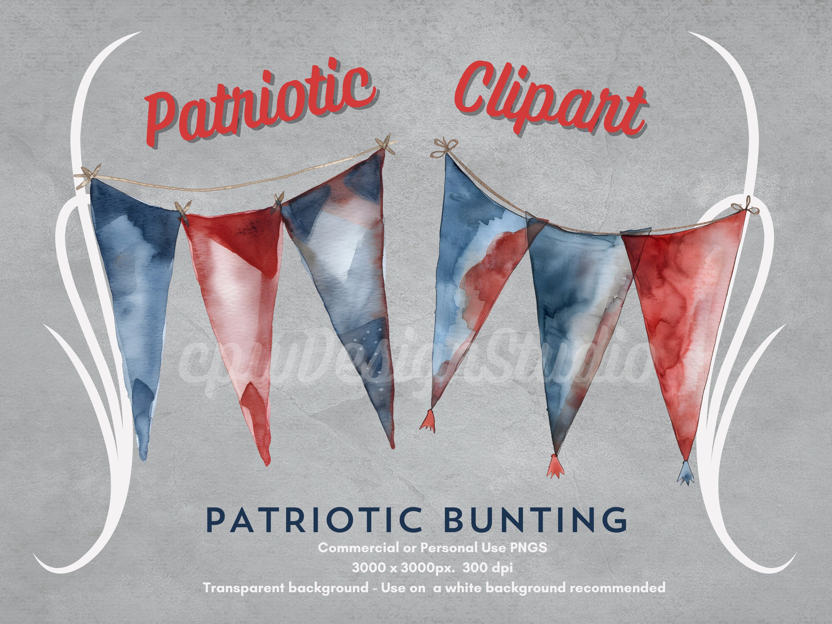 Vintage Patriotic Bunting Clipart Pack - 9 Watercolor Pngs for 4th of ...