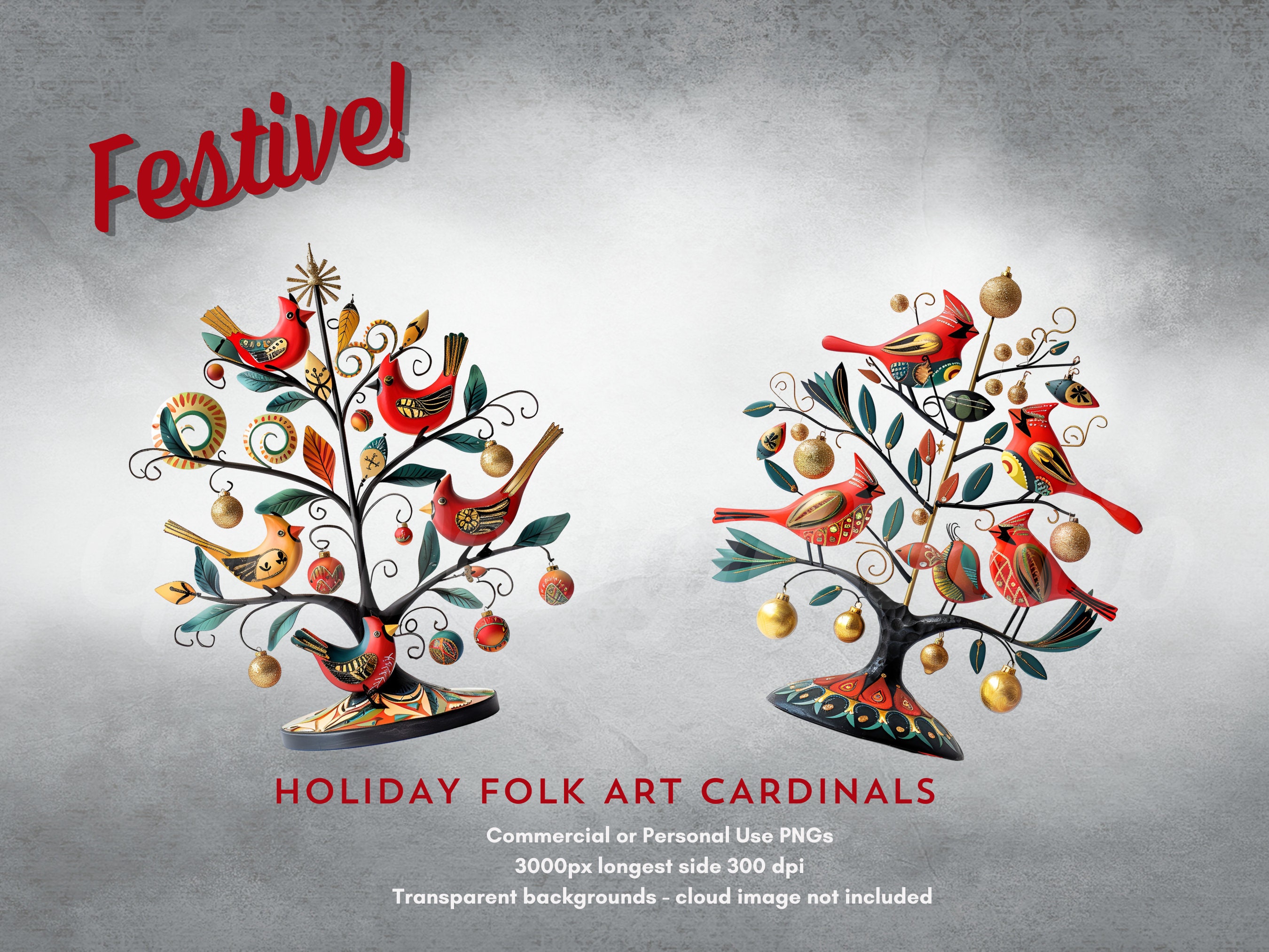 Red Cardinals Clipart Pack - 16 Folk Art Pngs for Winter & Holiday ...
