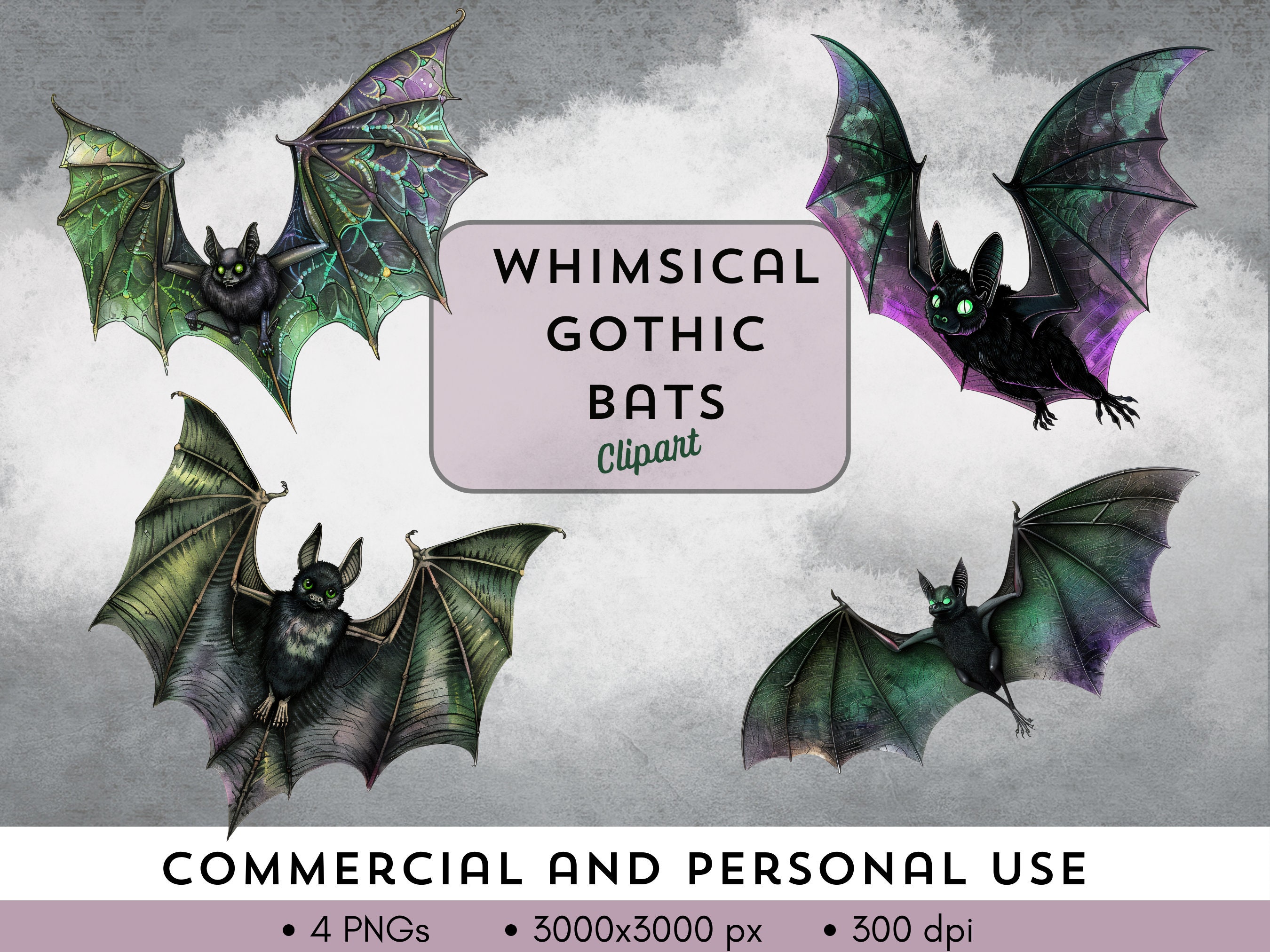 Flying Bat Clipart - Whimsical Gothic Aesthetic - 4 Pngs With ...