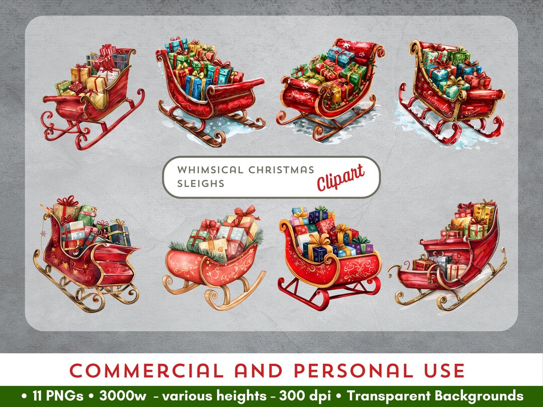 Christmas Sleigh Clipart Pack – 11 Festive Pngs | Santa Sleigh Art ...