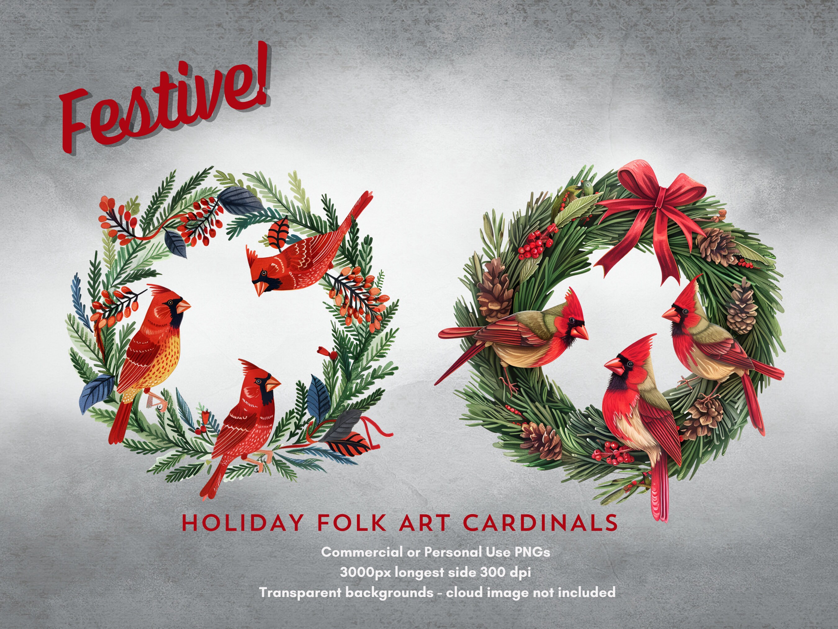 Red Cardinals Clipart Pack - 16 Folk Art Pngs for Winter & Holiday ...