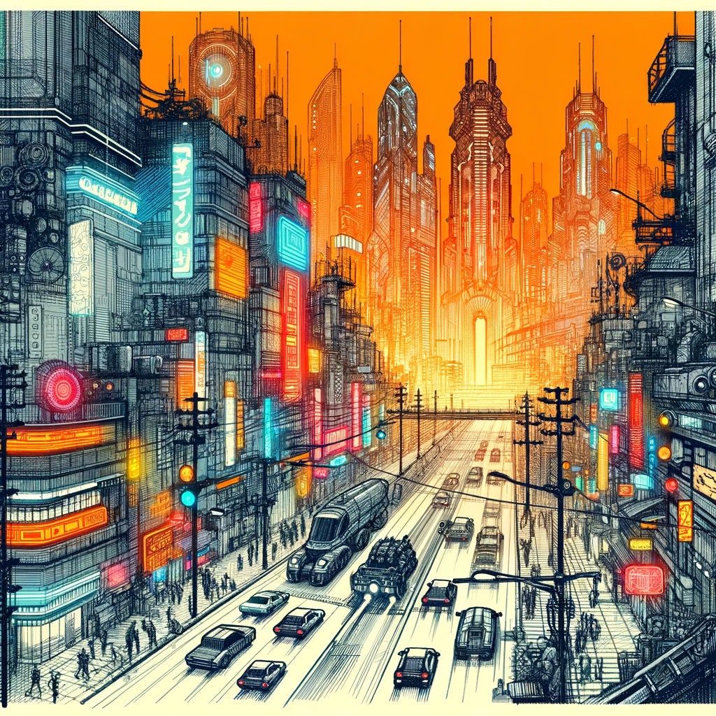 Neon Shadows: A Cyberpunk Sketch - AI Visions - Etsy