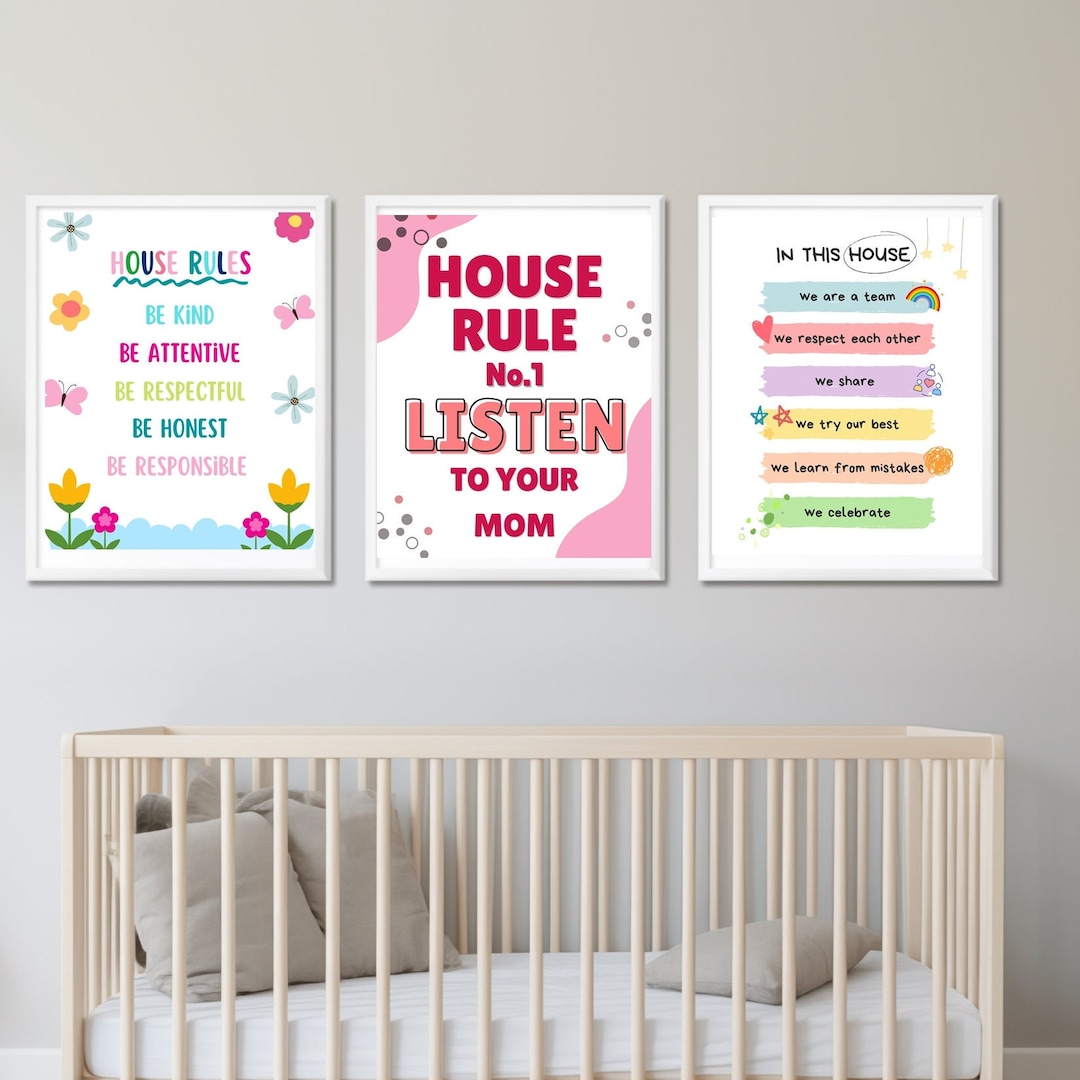 Set of 3 House Rules for Kids in This House Listen to Your Mom Poster ...
