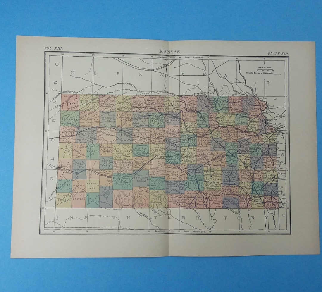 1890 Encyclopedia Britannica Kansas Map 9th Edition Original Color ...