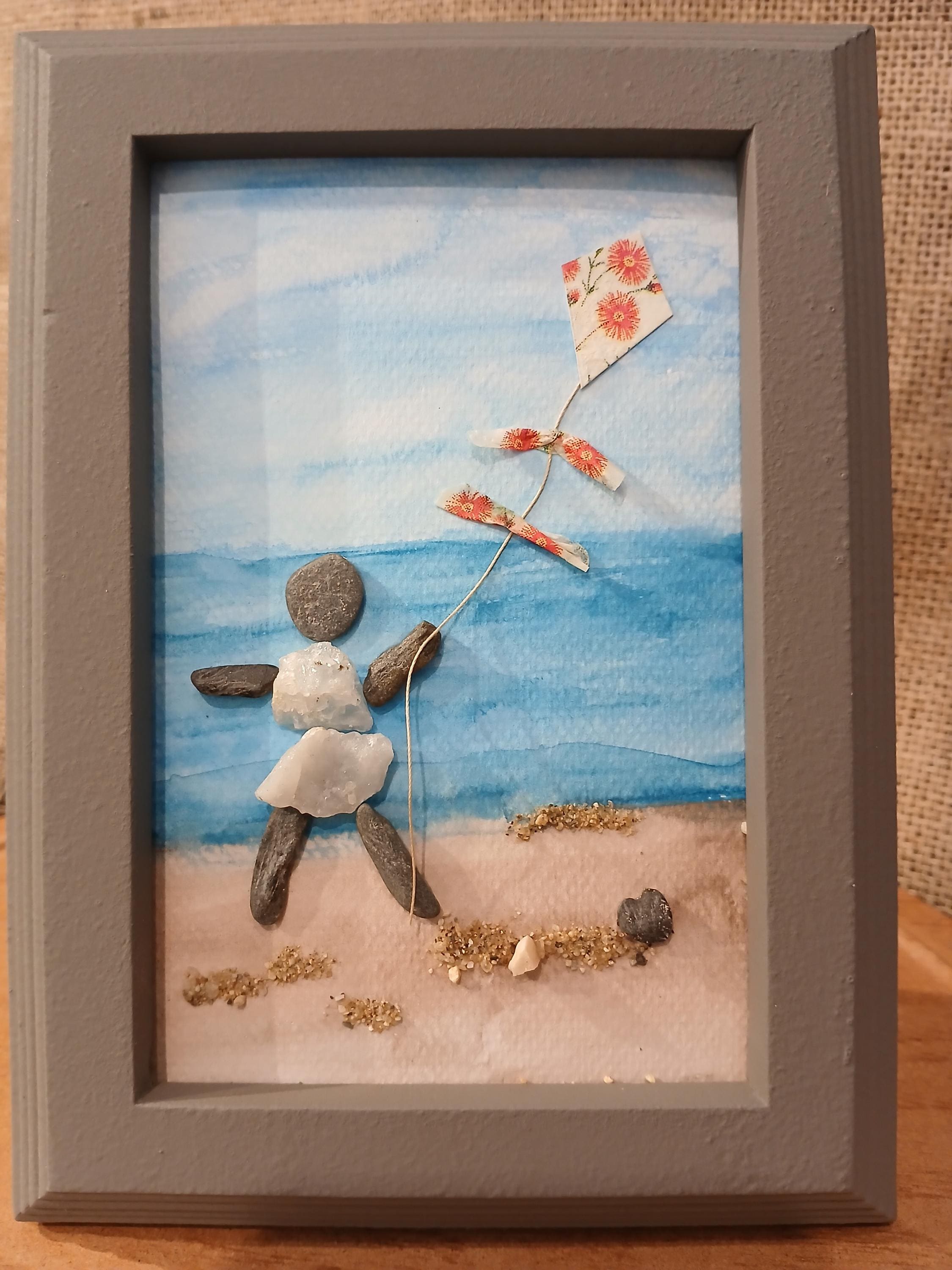 Pebble Art Child Dancing on the Beach While Flying a Kite! Watercolor ...