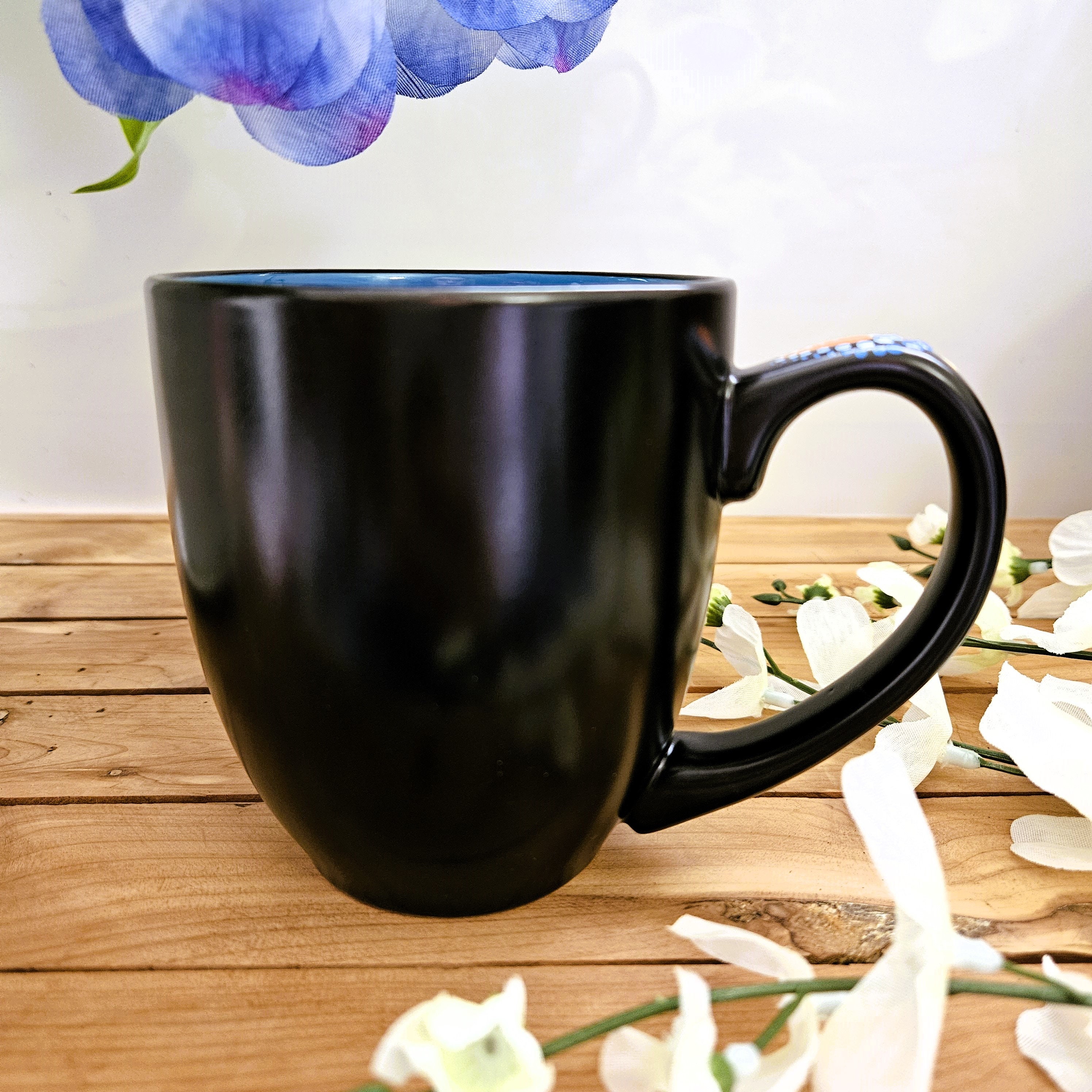 Hand Dot Painted Mandala Ceramic Matte Mug 16 Oz Black and Blue Large ...