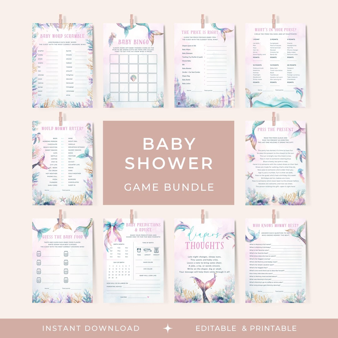 Editable Mermaid Baby Shower Game Bundle Printable Under the Sea Party ...