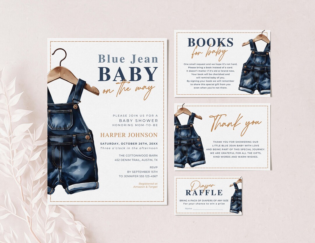 Blue Jean Baby Shower Bundle Denim Overalls Invite Suite Books for Baby ...