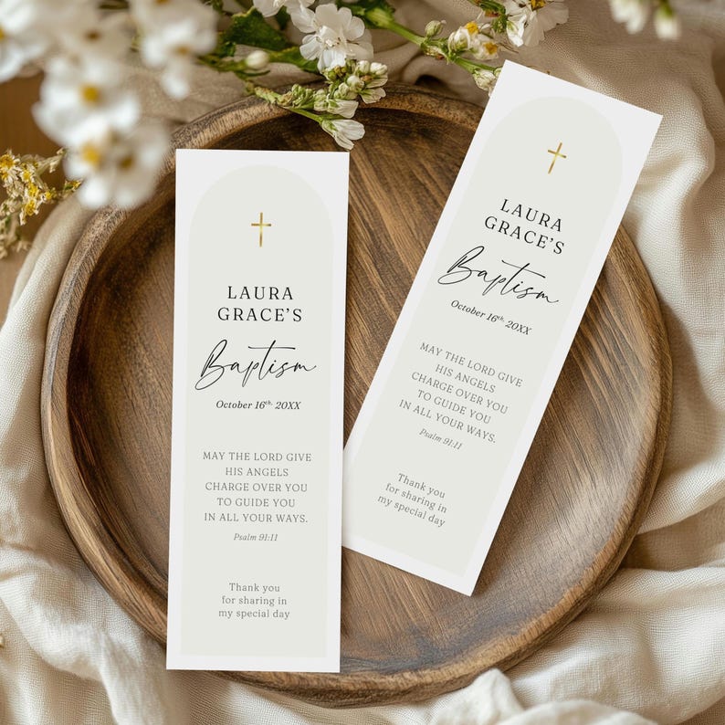 Baptism Bookmark Favor Template Editable Minimalist Elegant Thank You ...