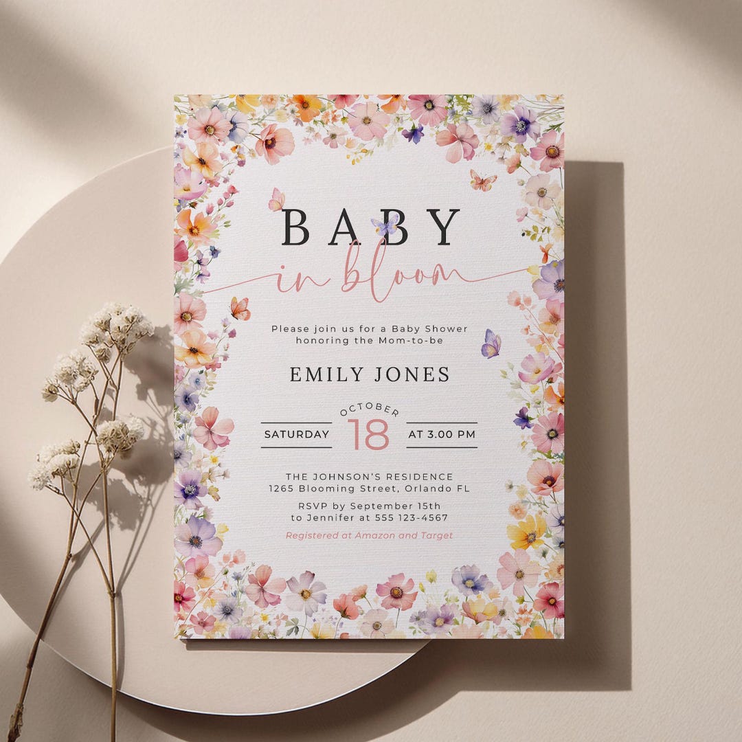 Baby in Bloom Baby Shower Invitation Editable Pink Purple Wildflower ...