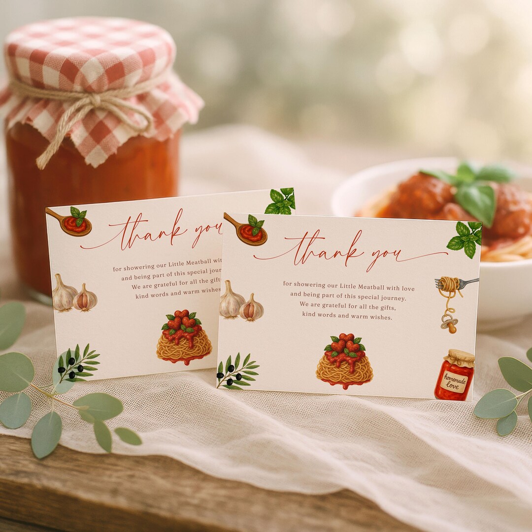 Little Meatball Baby Shower Thank You Card Italian Theme Editable ...