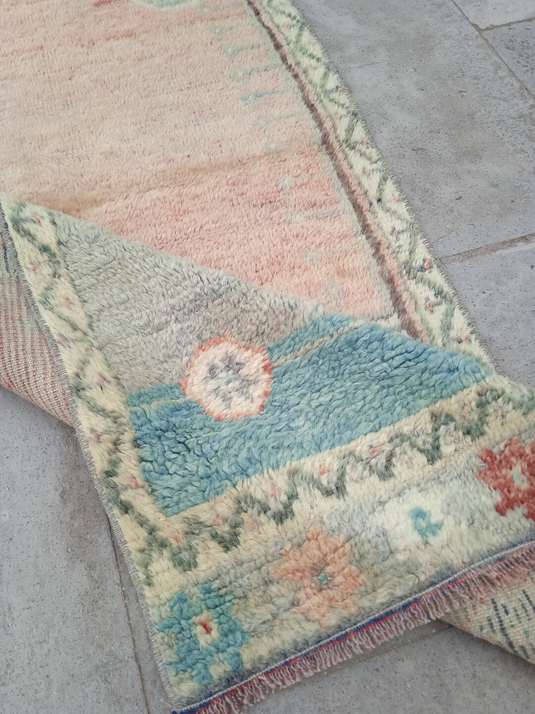 2x5 Pink Nawy Green Turkish Runner, 2x5 Vintage Rug, Oushak Kitchen ...
