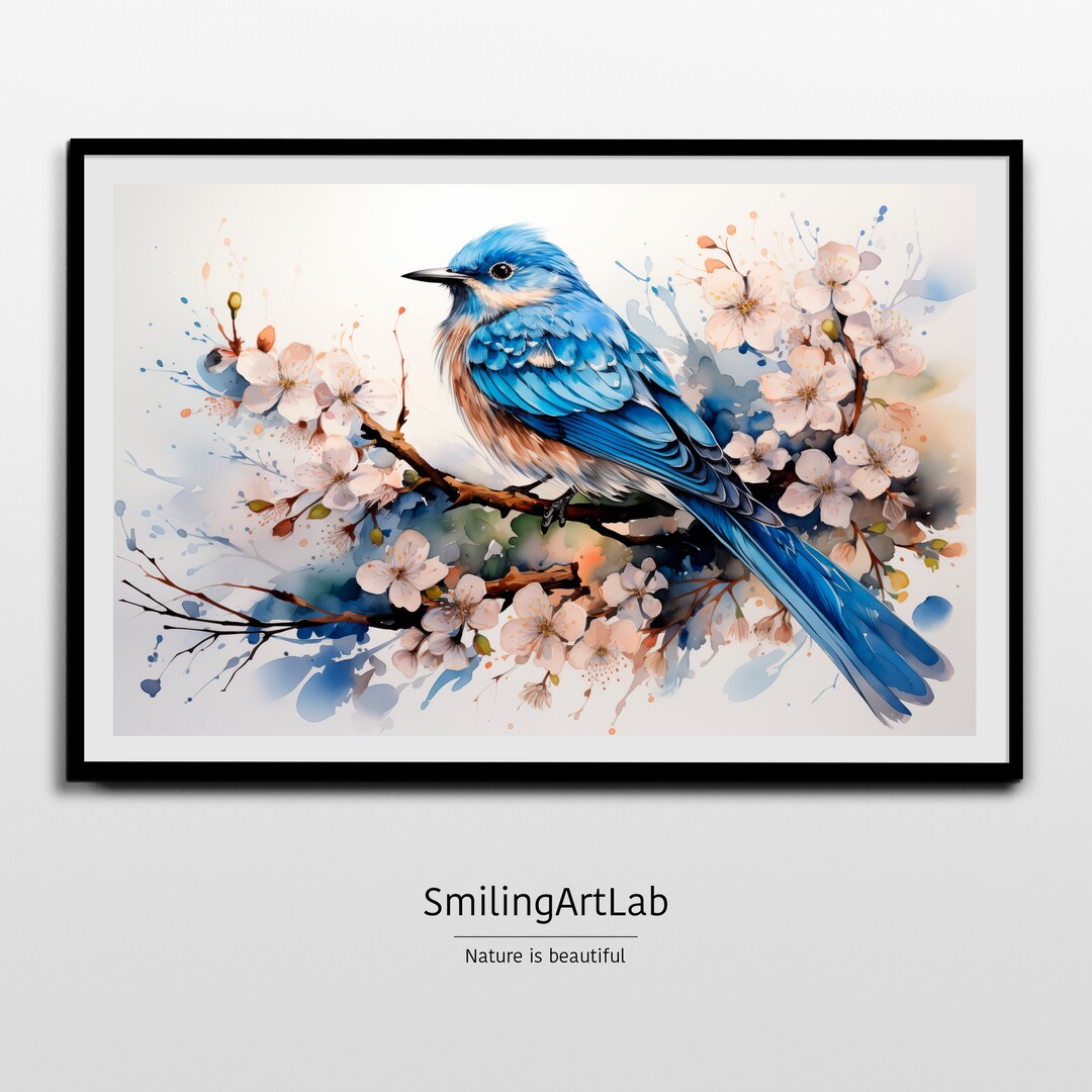 Bluebird Image - Digital Watercolor Bird Art - Spring Blossoms With ...