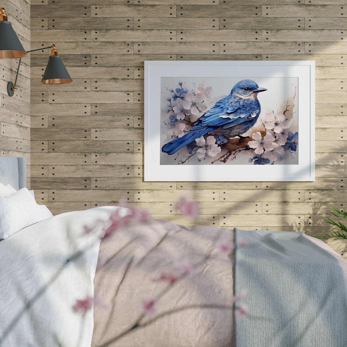 Bluebird Image Digital Watercolor Bird Art Spring Blossoms With Animals ...