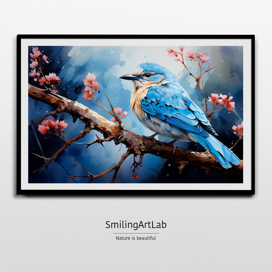 Bluebird Image - Digital Watercolor Bird Art - Spring Blossoms With ...